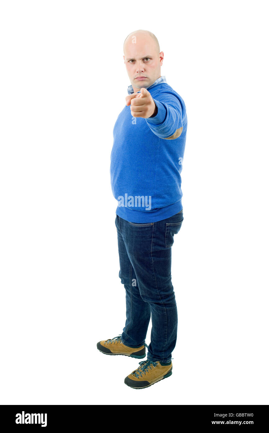 young casual man full body, pointing, isolated on a white background ...
