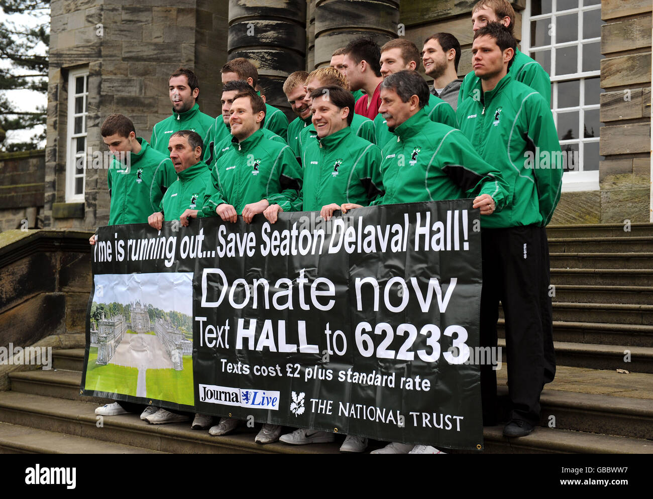 Blyth Spartans FC pose with a banner to help save Seaton Delaval Hall ...