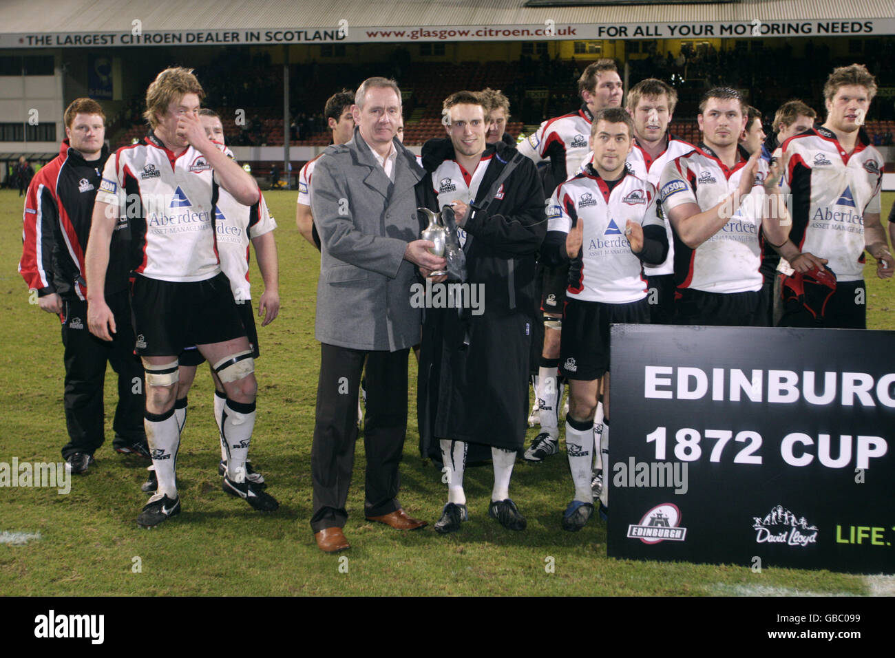 Edinburgh Rugby captain Mike Blair poses with the 1872 cup following ...