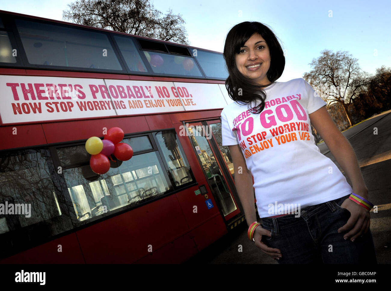Guardian journalist Ariane Sherine wears a t-shirt displaying an ...