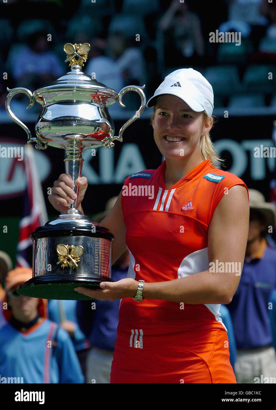Justine Henin-Hardenne of Belgium celebrates winning the Womens ...
