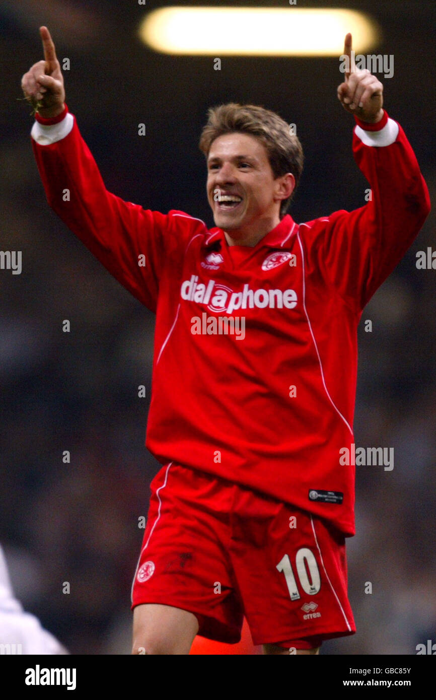 Middlesbroughs juninho celebrates at the end of the game hi-res stock ...