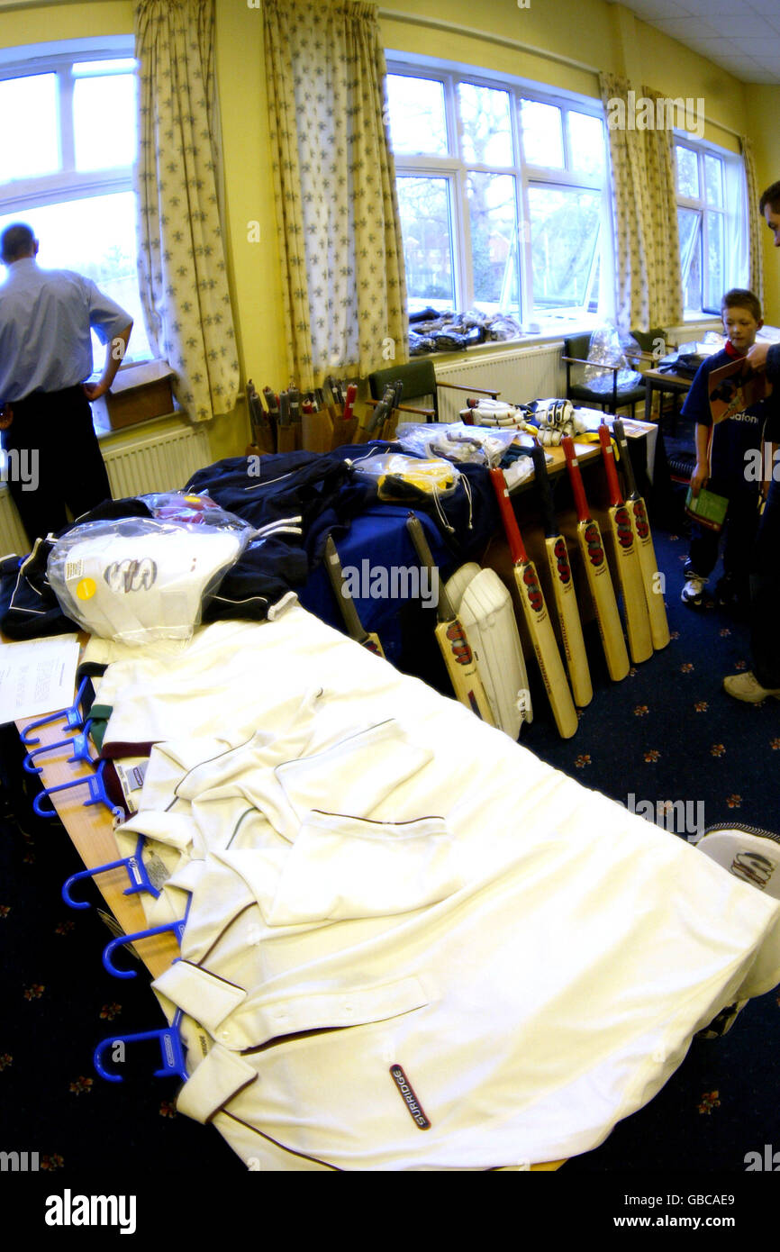 A selection of cricket goods on offer at the trade fair Stock Photo - Alamy