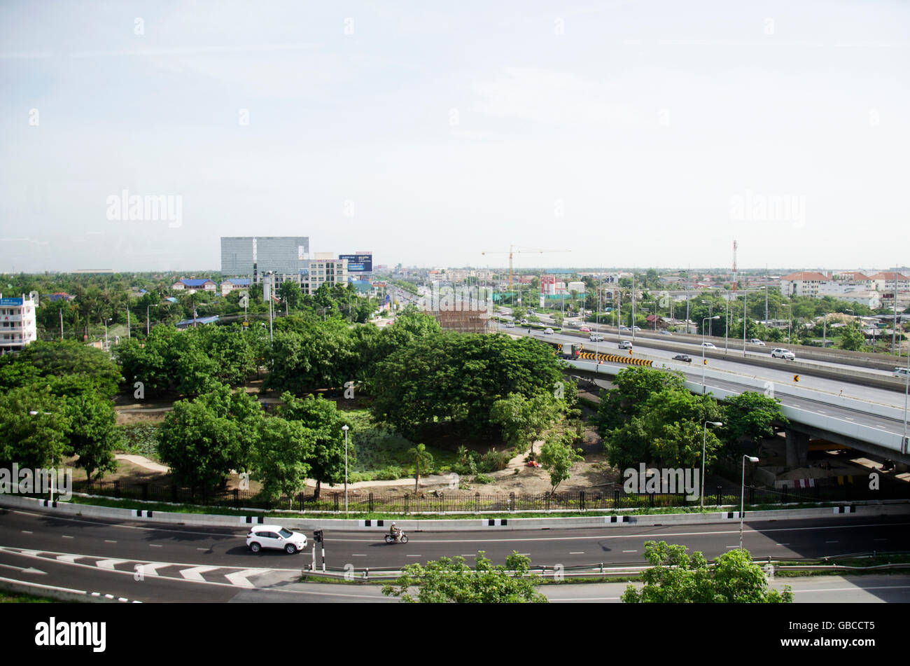 View of Nonthaburi city from MRT Purple Line skytrain running go to ...