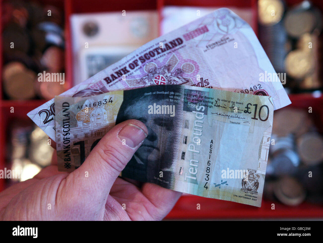 A general view of Scottish notes in a cash till in Edinburgh, as a bid ...