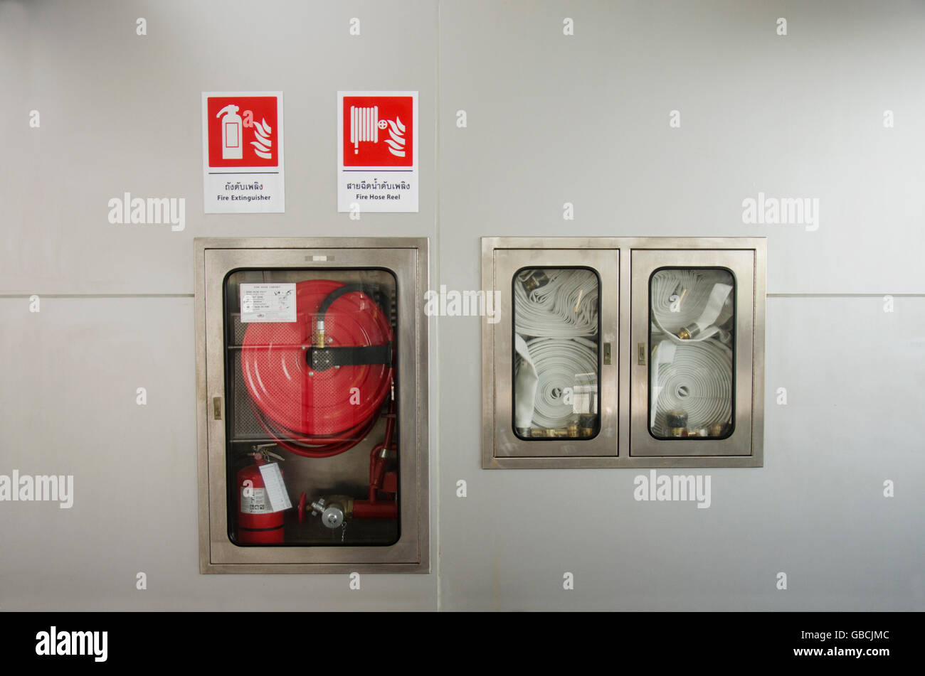Emergency fire equipment station for firefighter and caution label in ...