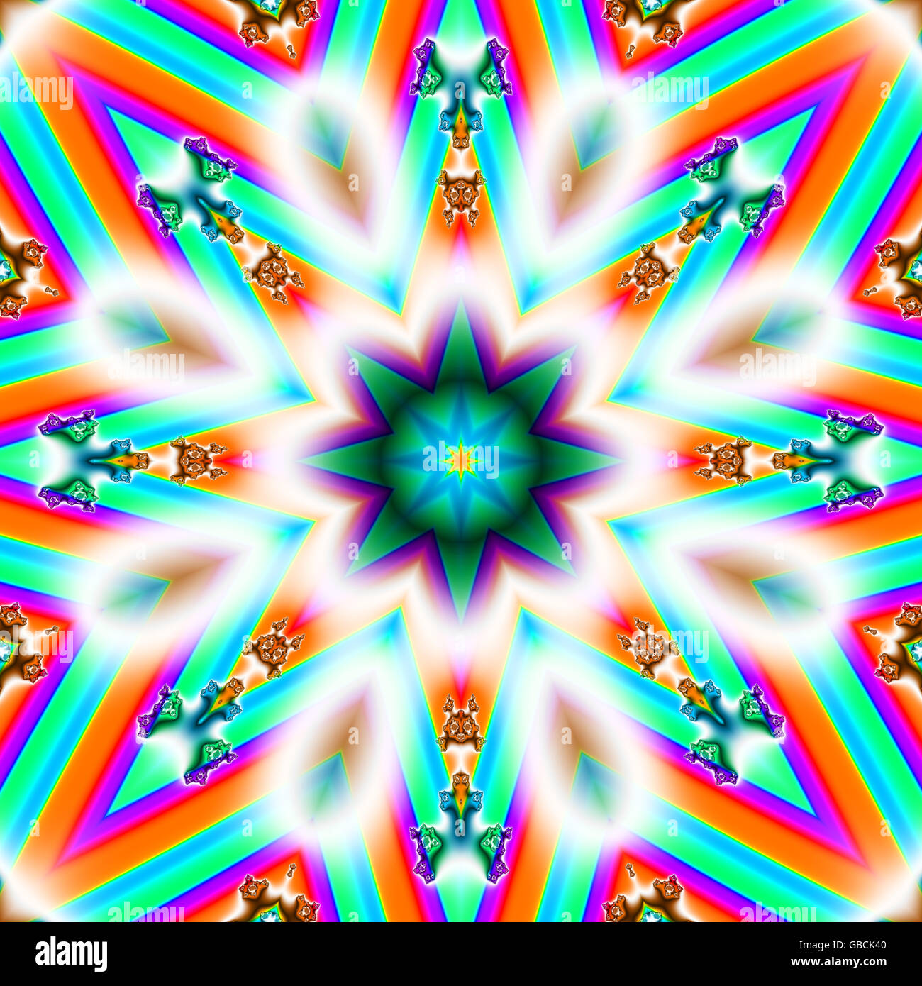 Brightly colored star shaped symmetrical fractal in turquoise and ...