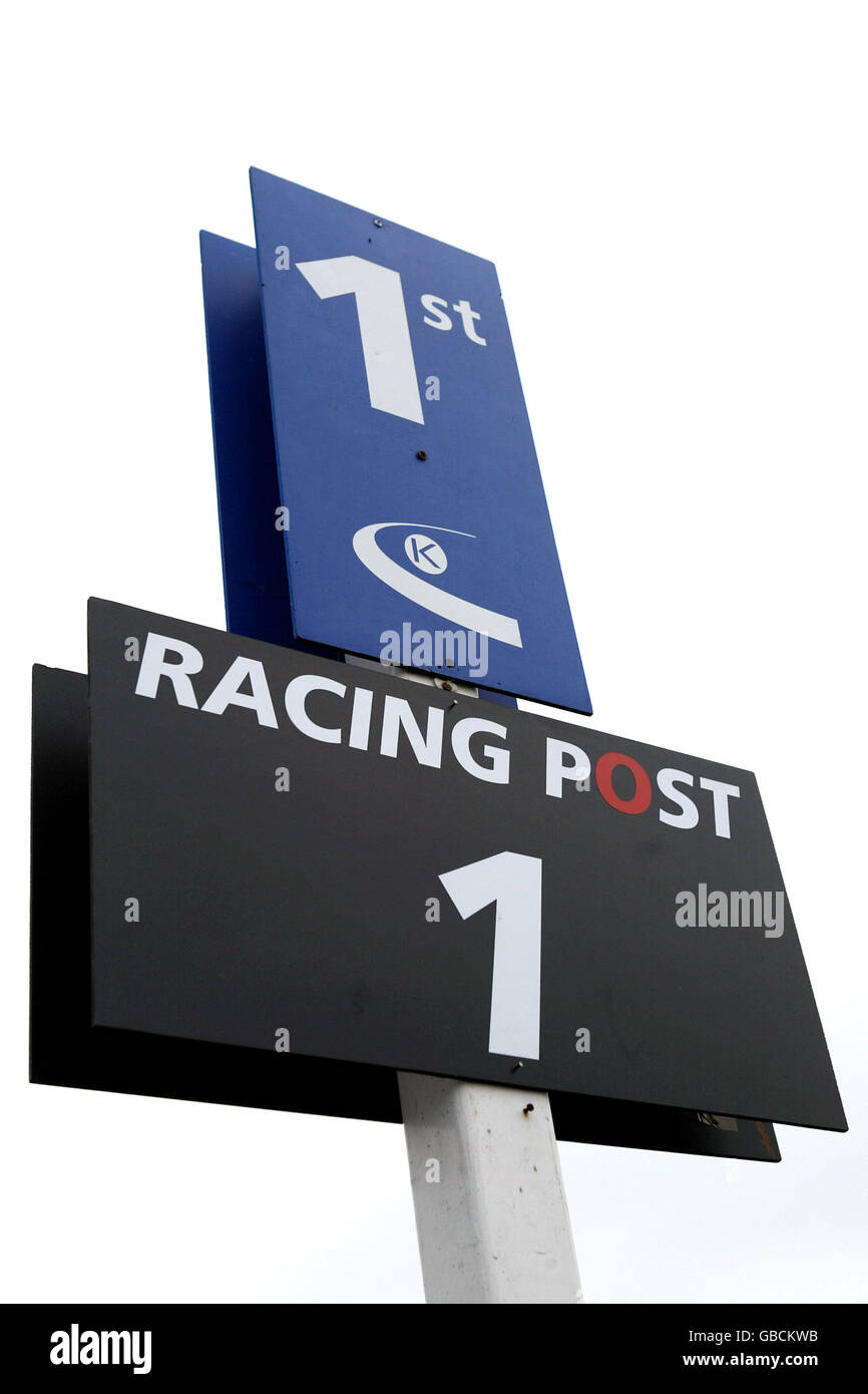 The first place sign in the winners enclosure at Kempton Park Stock ...