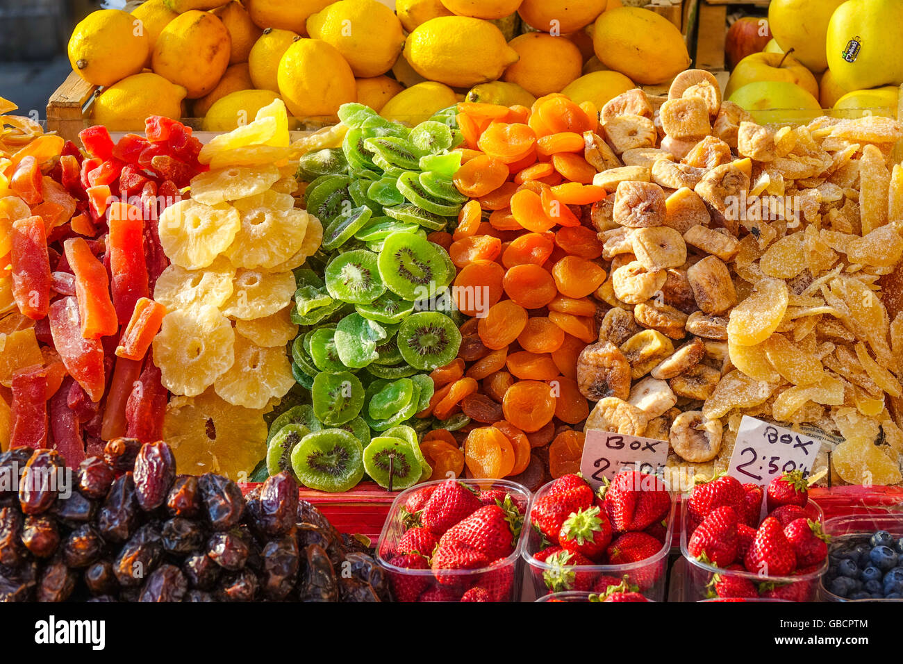 Dried fruits on a market - colorful fruits selection Stock Photo - Alamy