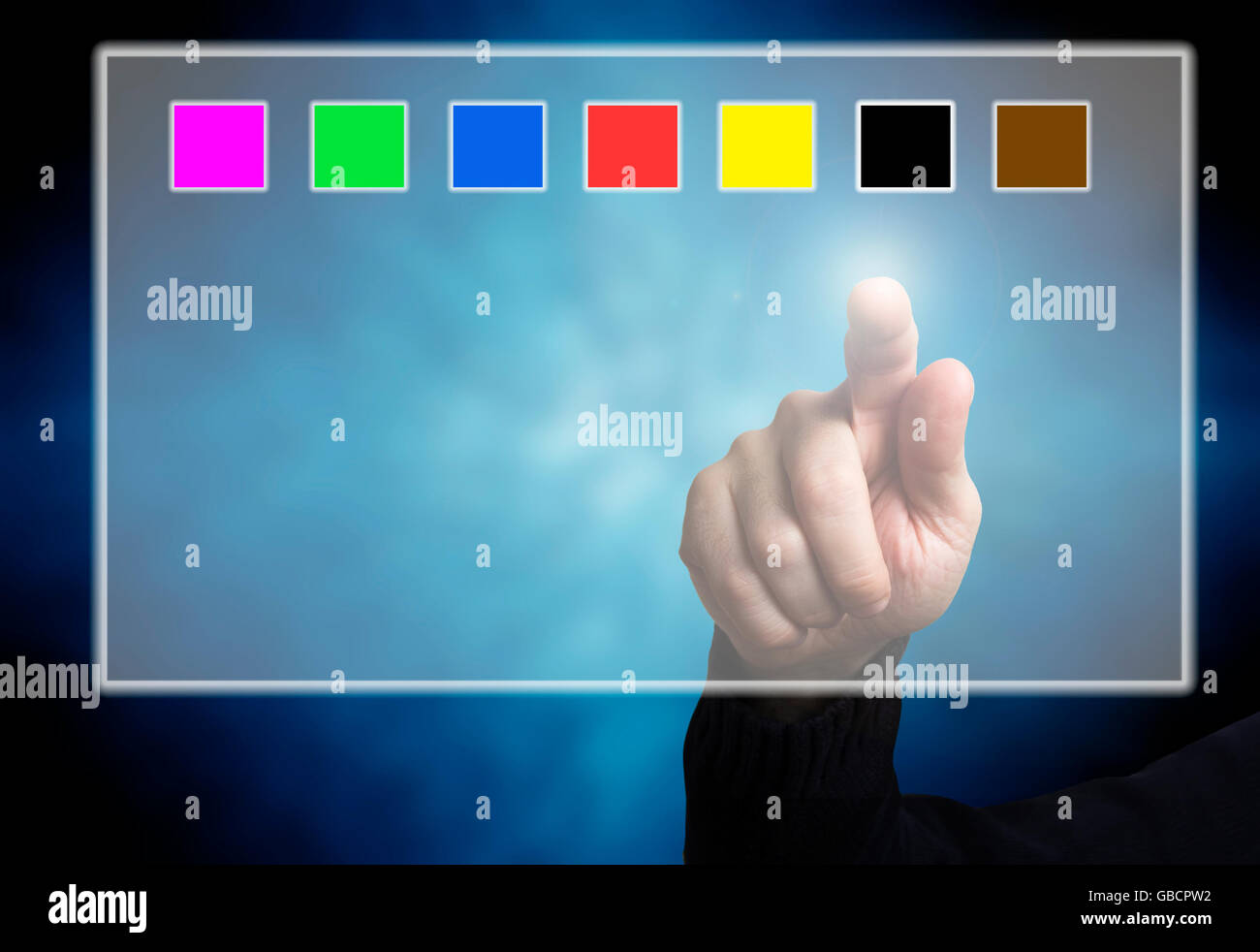 a hand touching a screen with color swatches. Concept for digital ...