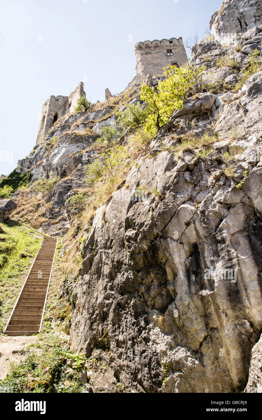 Beckov castle ruins, Slovak republic, central Europe. Vertical ...