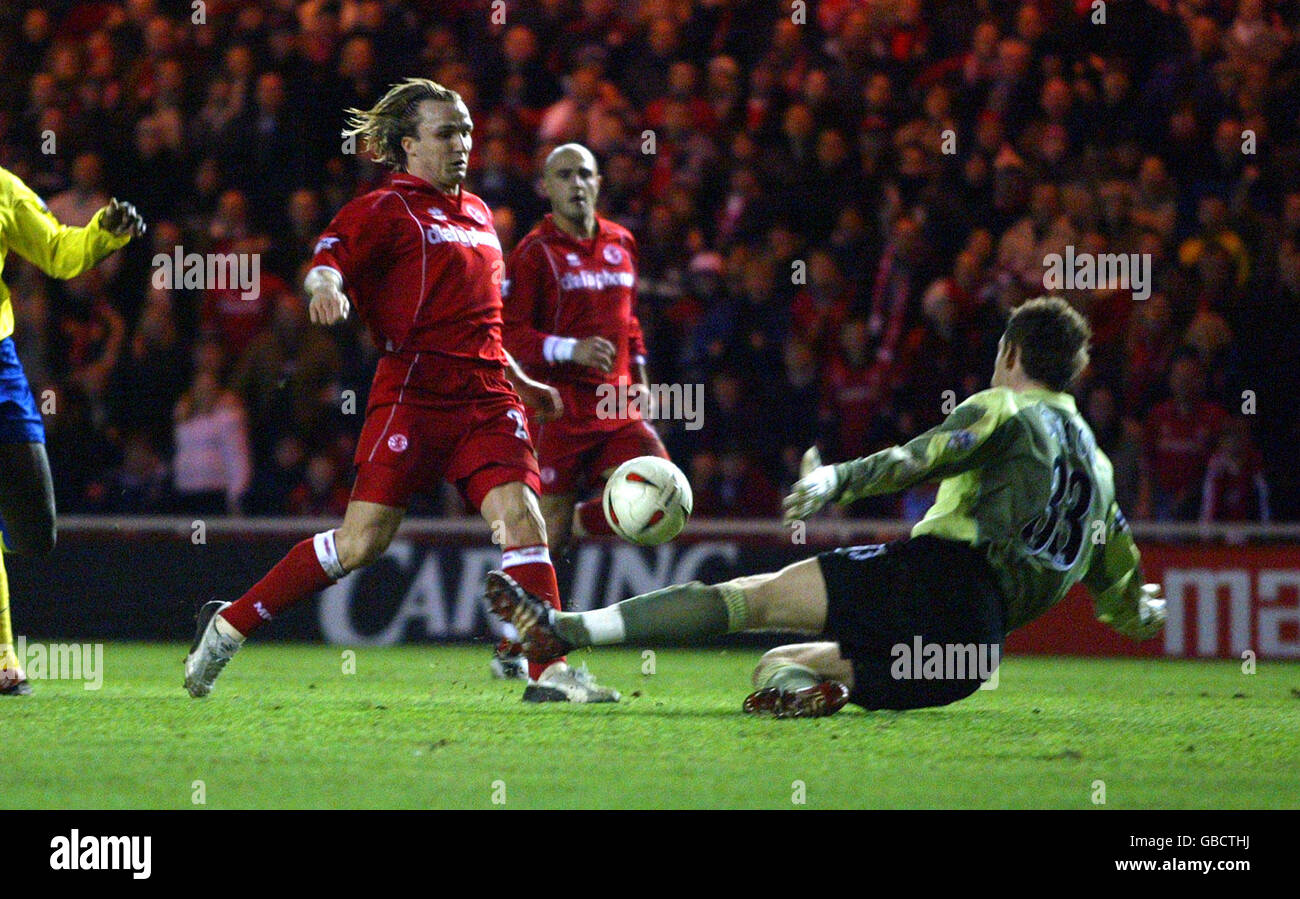 Middlesbrough's Boudewijn Zenden scores the opening goal by lifing the ...