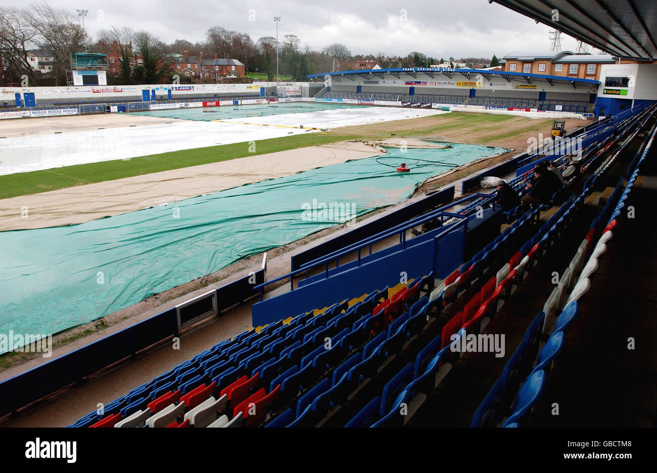 Covers on the pitch at Telford United's Bucks Head stadium after the ...