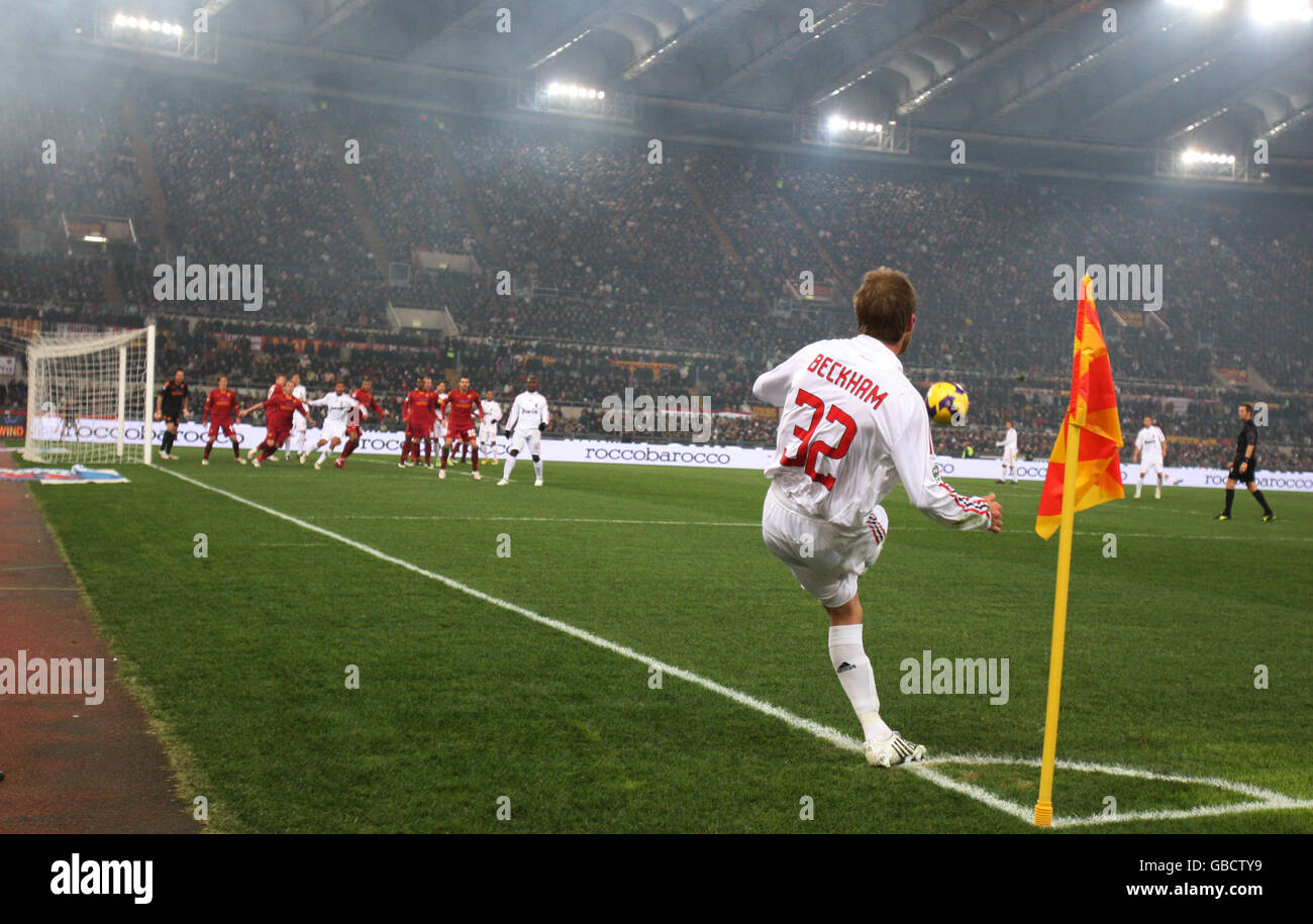 AC Milan's David Beckham takes a corner on his debut against Roma at ...