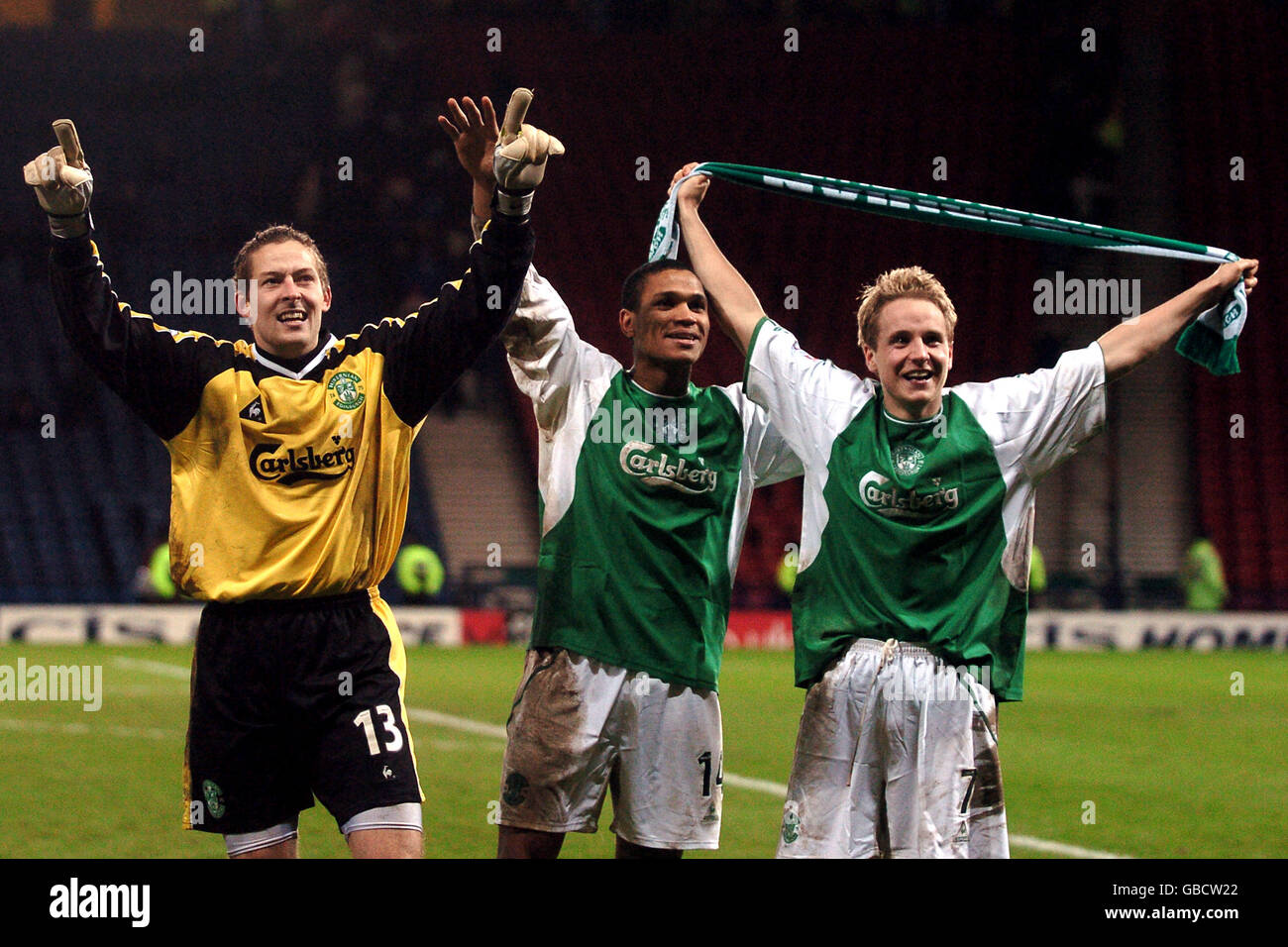 l-r; Hibernian's goalkeeper Daniel Andersson, Mathias Kouo-Doumbe and ...