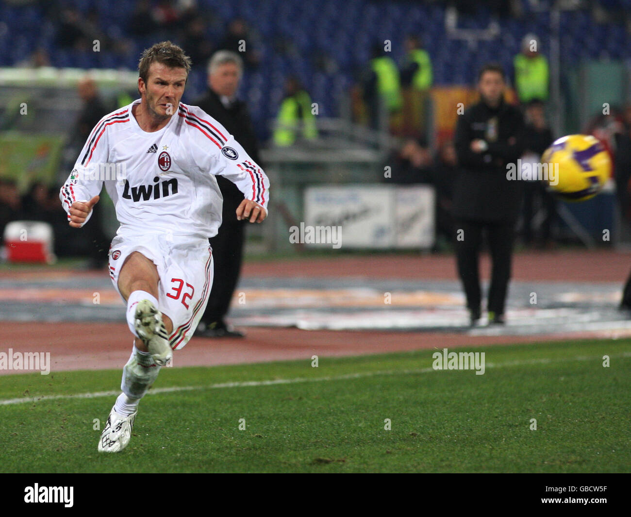 AC Milan's David Beckham on his debut against Roma at the Olympic ...