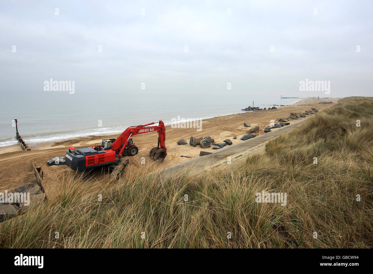 Happisburgh - Coastal Erosion - Norfolk. A general view of work on the ...