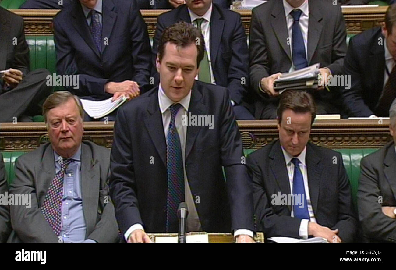 Shadow Chancellor George Osborne is flanked by Conservative party ...