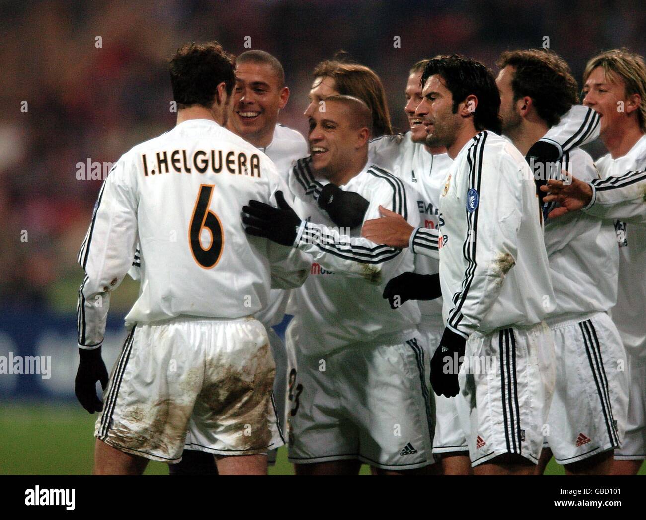 Roberto carlos real madrid celebrates hi-res stock photography and ...