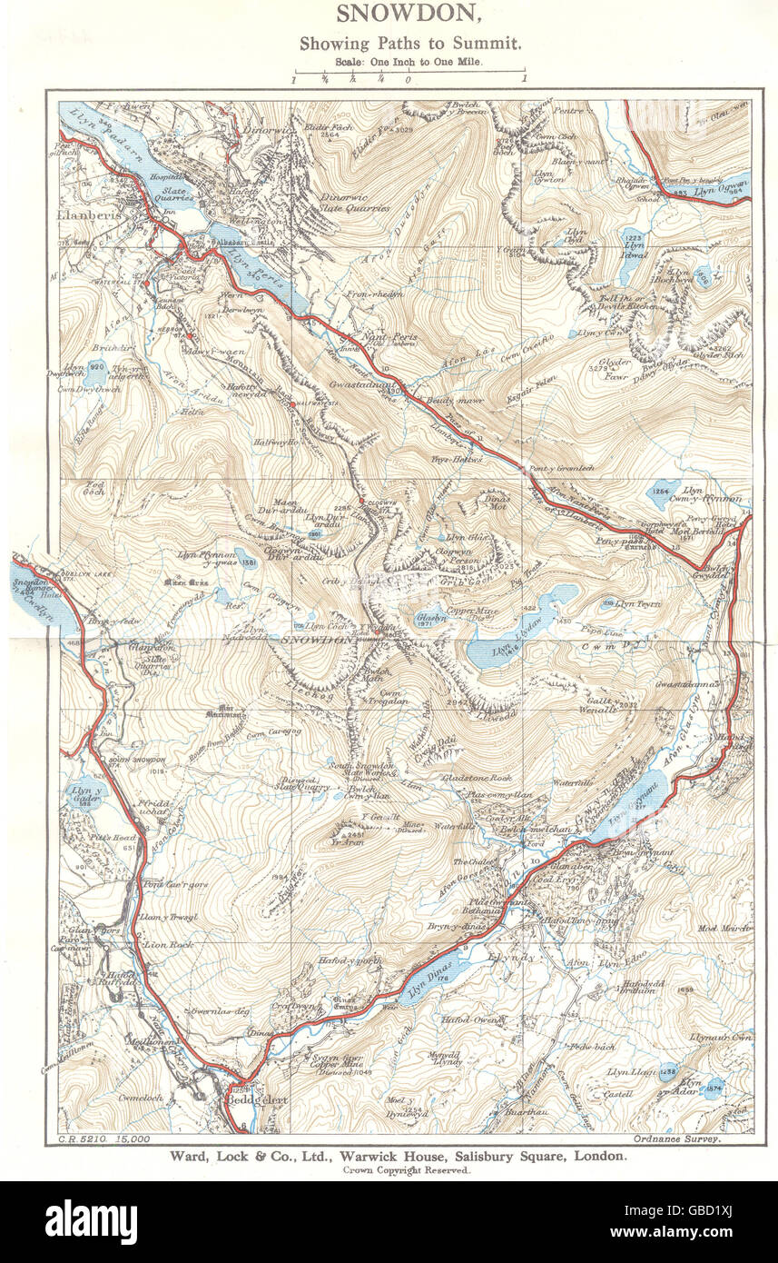 WALES: Snowdon, showing paths to summit. WARD LOCK, 1936 vintage map ...