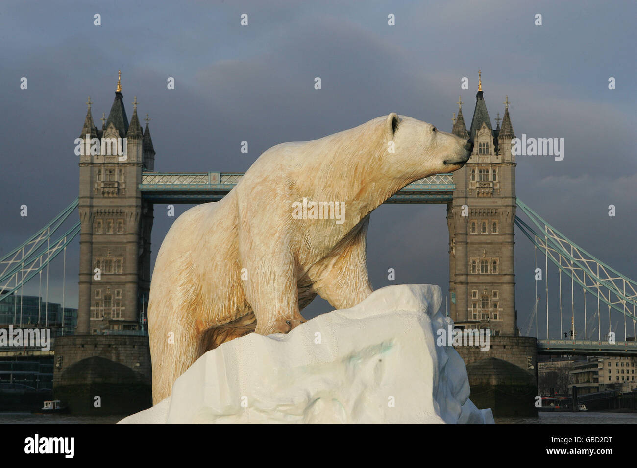 A 16 foot high sculpture of an iceberg featuring a stranded female ...