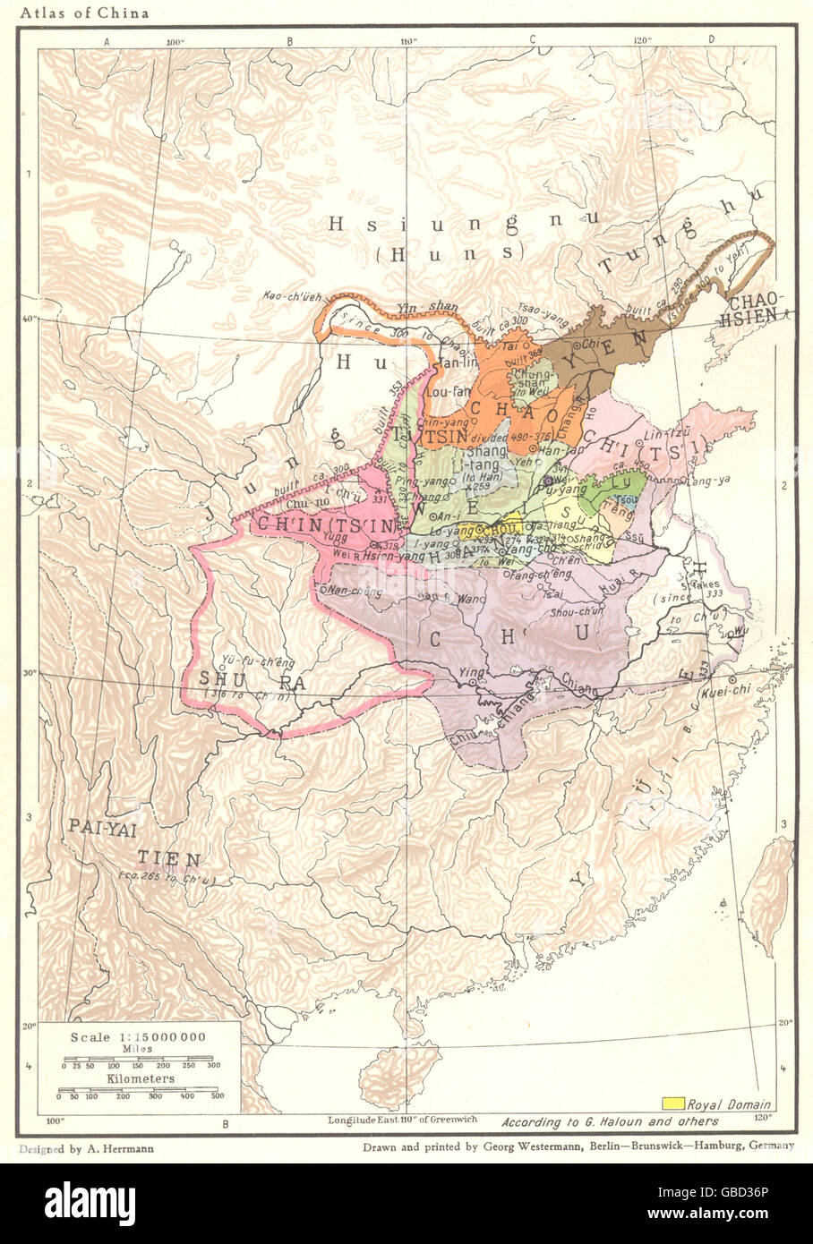 CHINA: The Contending States-Boundaries of 350 BC, 1935 vintage map ...