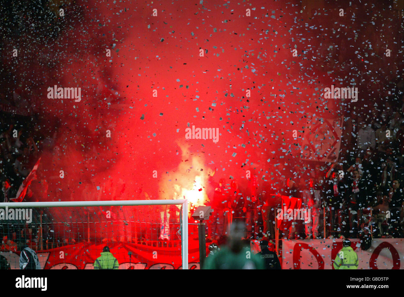 Fans set of flares at the Stade Louis II, home of Monaco Stock Photo ...