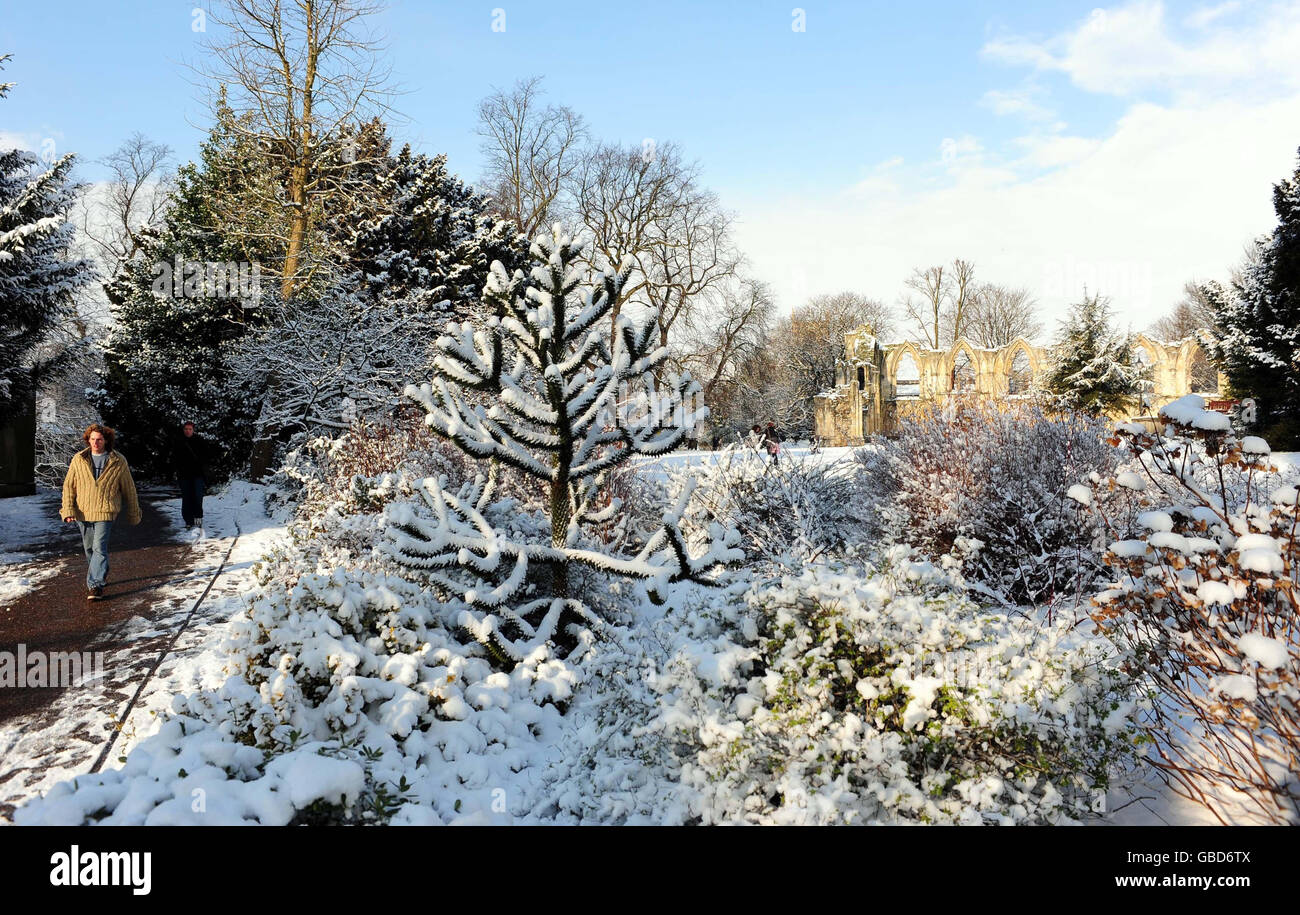Visitors enjoy a walk through the snow covered Museum Gardens in York ...