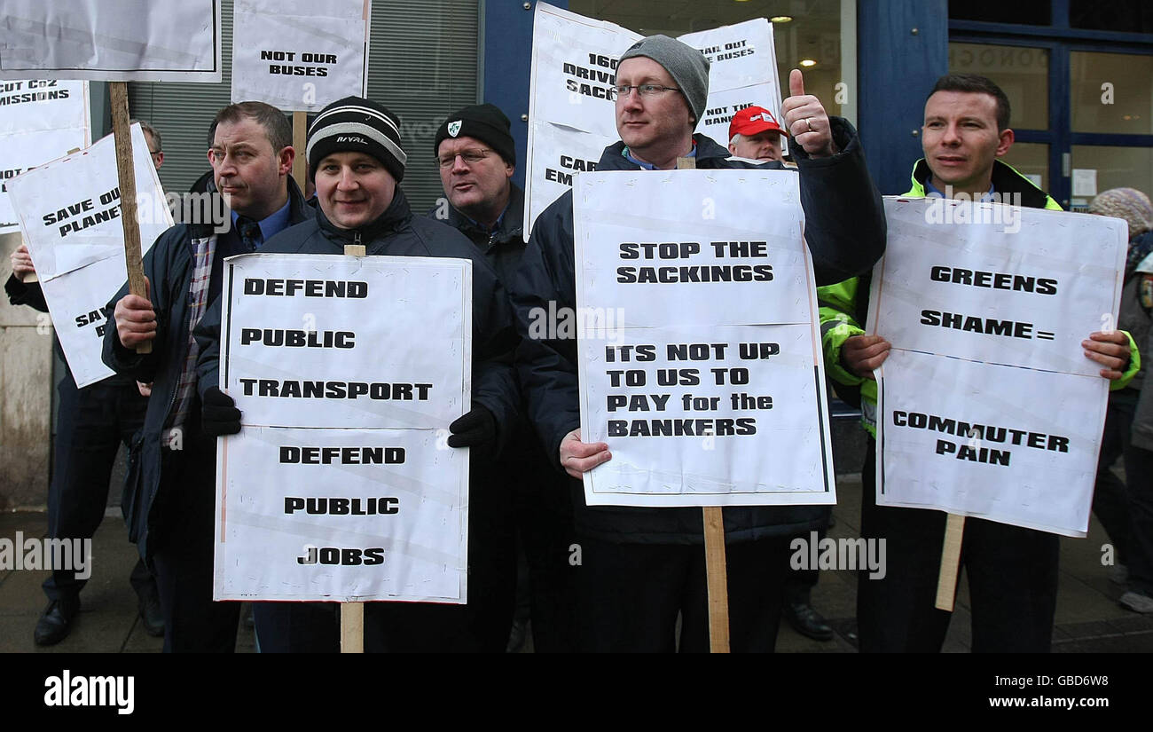 Members of the Bus Workers' Union protest outside the Green Party ...