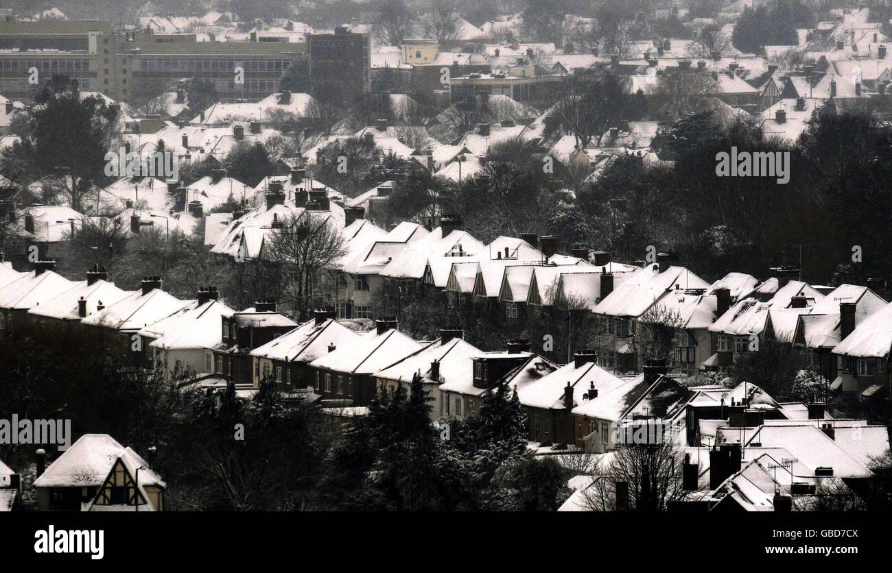 Snow covered roofs in Harrow-on-the-Hill, Middlesex after heavy ...