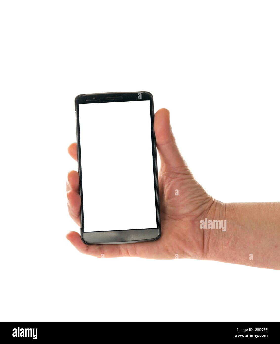 Image of male hand holding smartphone with screen isolated ready for ...