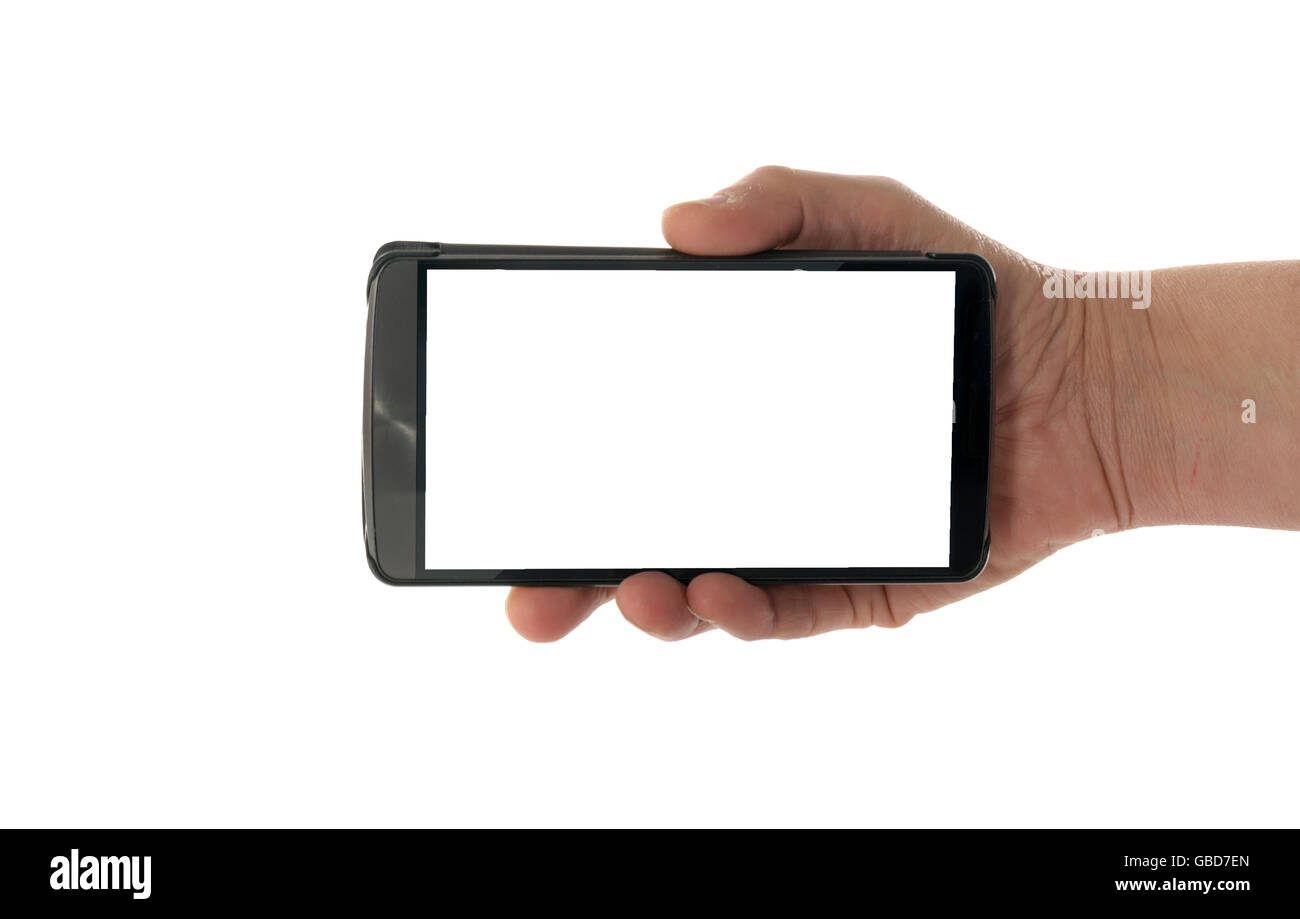 Image of male hand holding smartphone with screen isolated ready for ...