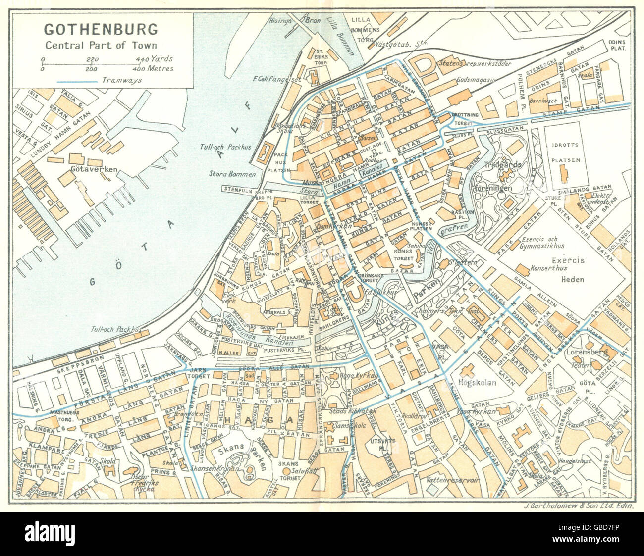SWEDEN: Town plan of central Gothenburg Göteborg Gothenburg. Tramways ...