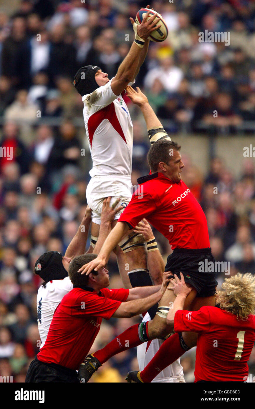 England's Ben Kay claims the ball ahead of Wales' Gareth Llewellyn ...