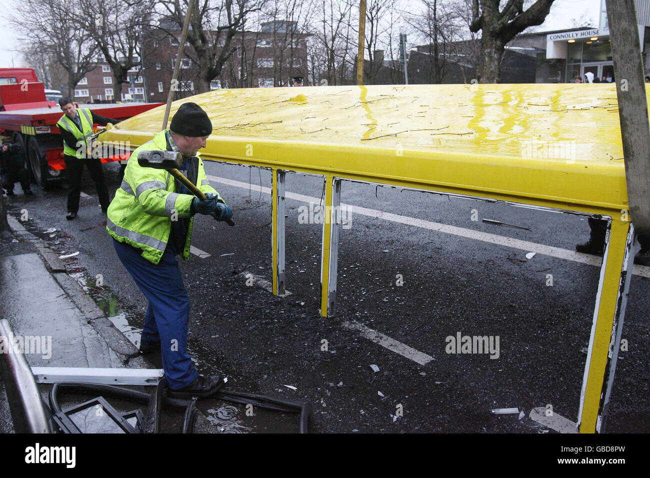 Dublin Bus engineers recover the roof of a double decker bus which ...