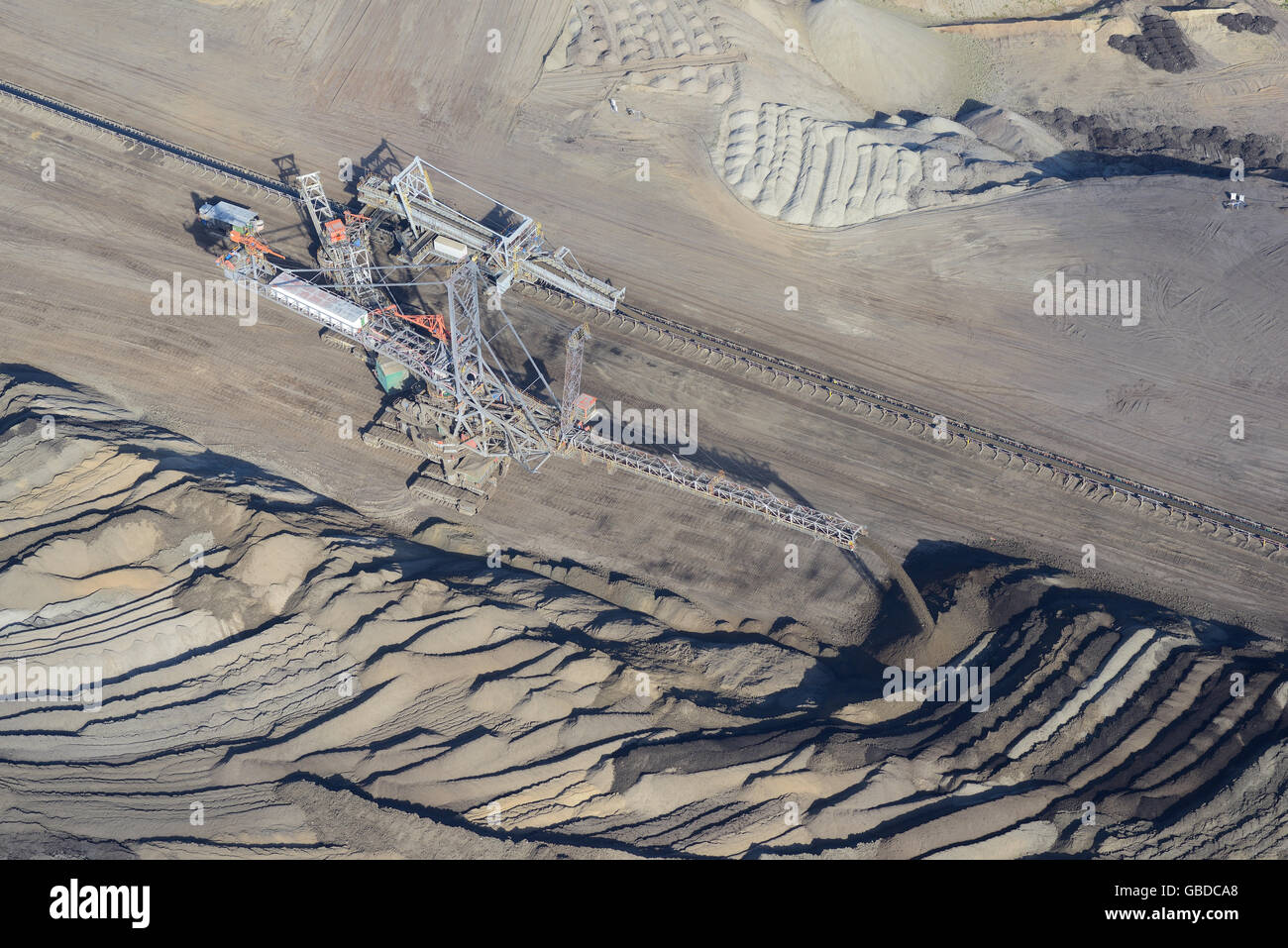 AERIAL VIEW. Spreader at work in an open-pit coal mine. Bełchatów, Łódź ...