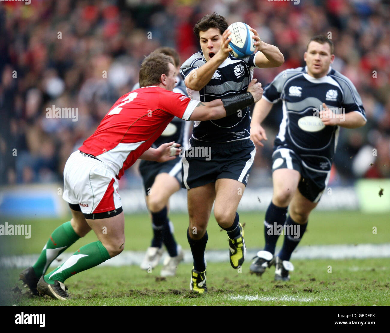 Scotland's Hugo Southwell is tackled by Wales' Matthew Rees during the ...