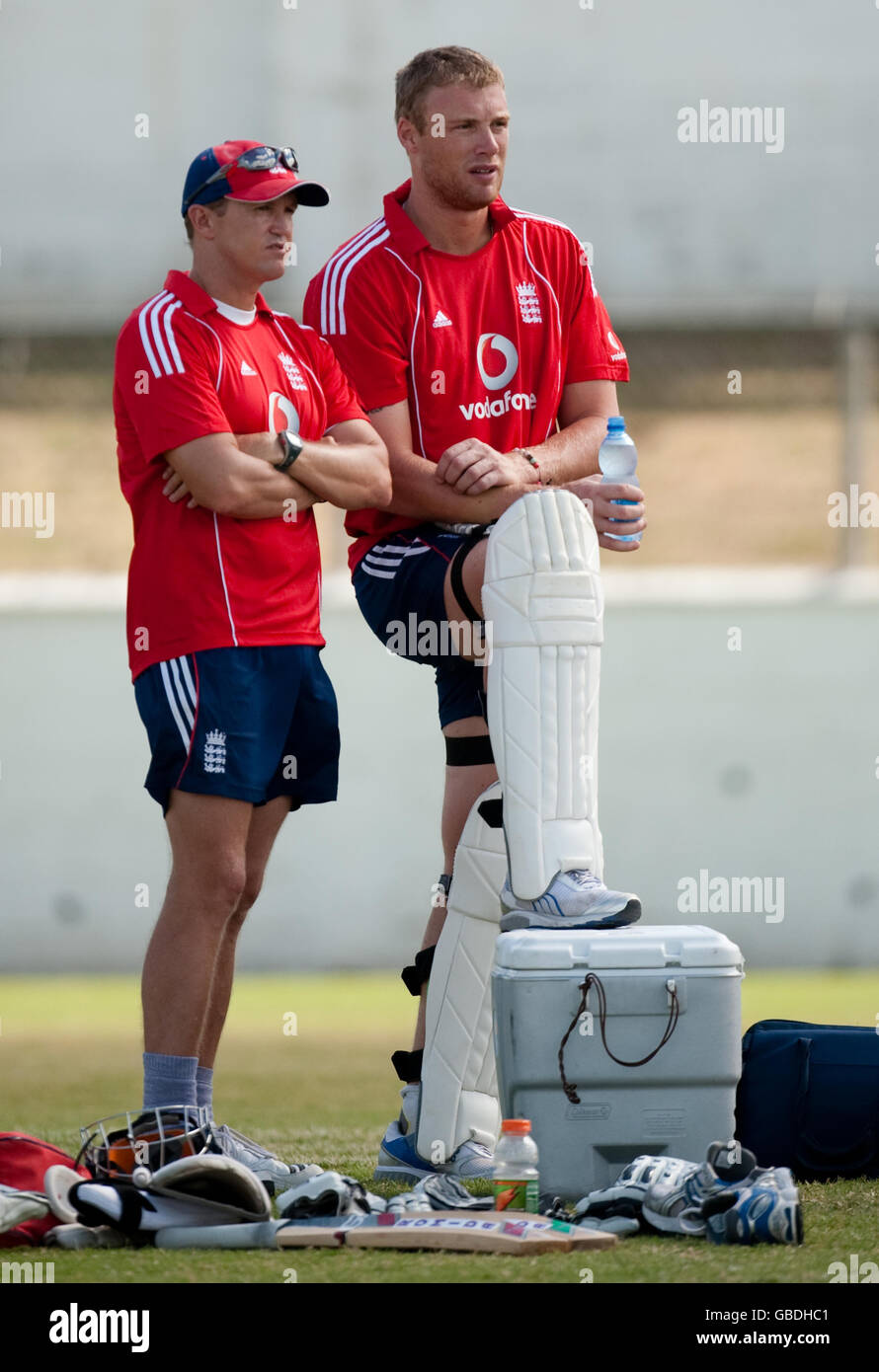 England's Andrew Flintoff (right) and Andy Flower during a nets ...
