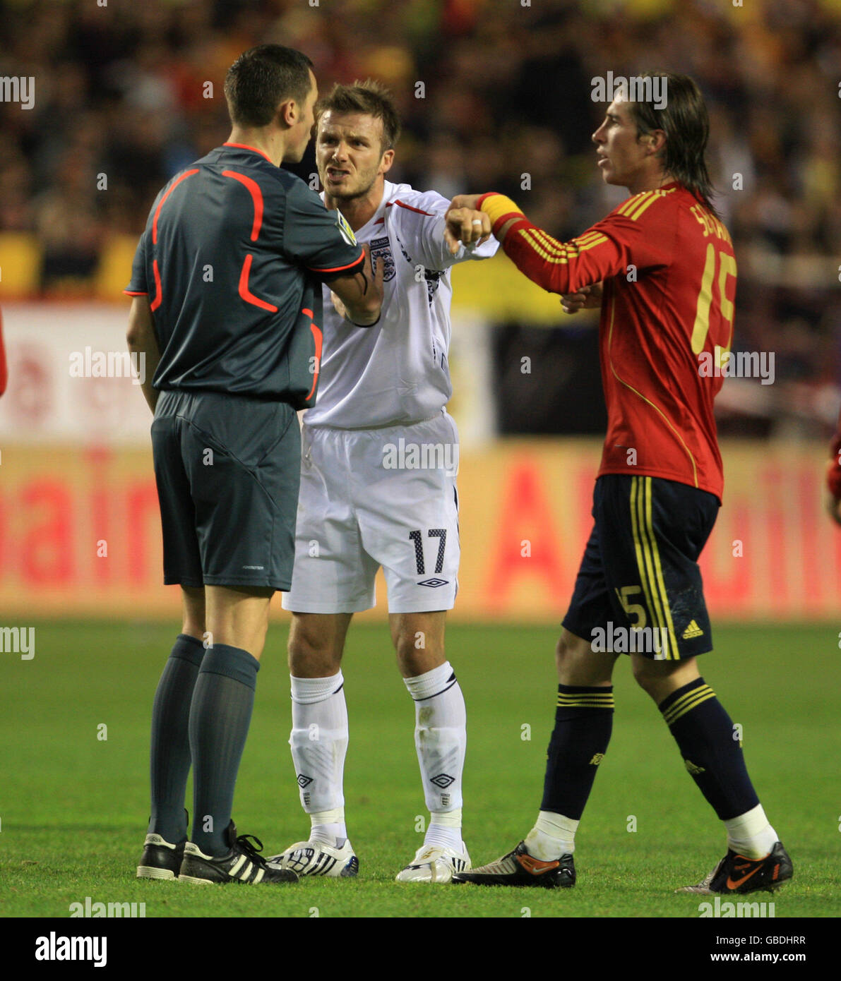 Spain's Sergio Ramos trys to calm England's David Beckham down who gets ...