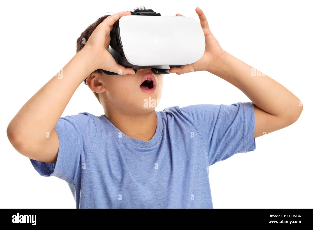 Amazed boy experiencing virtual reality isolated on white background ...