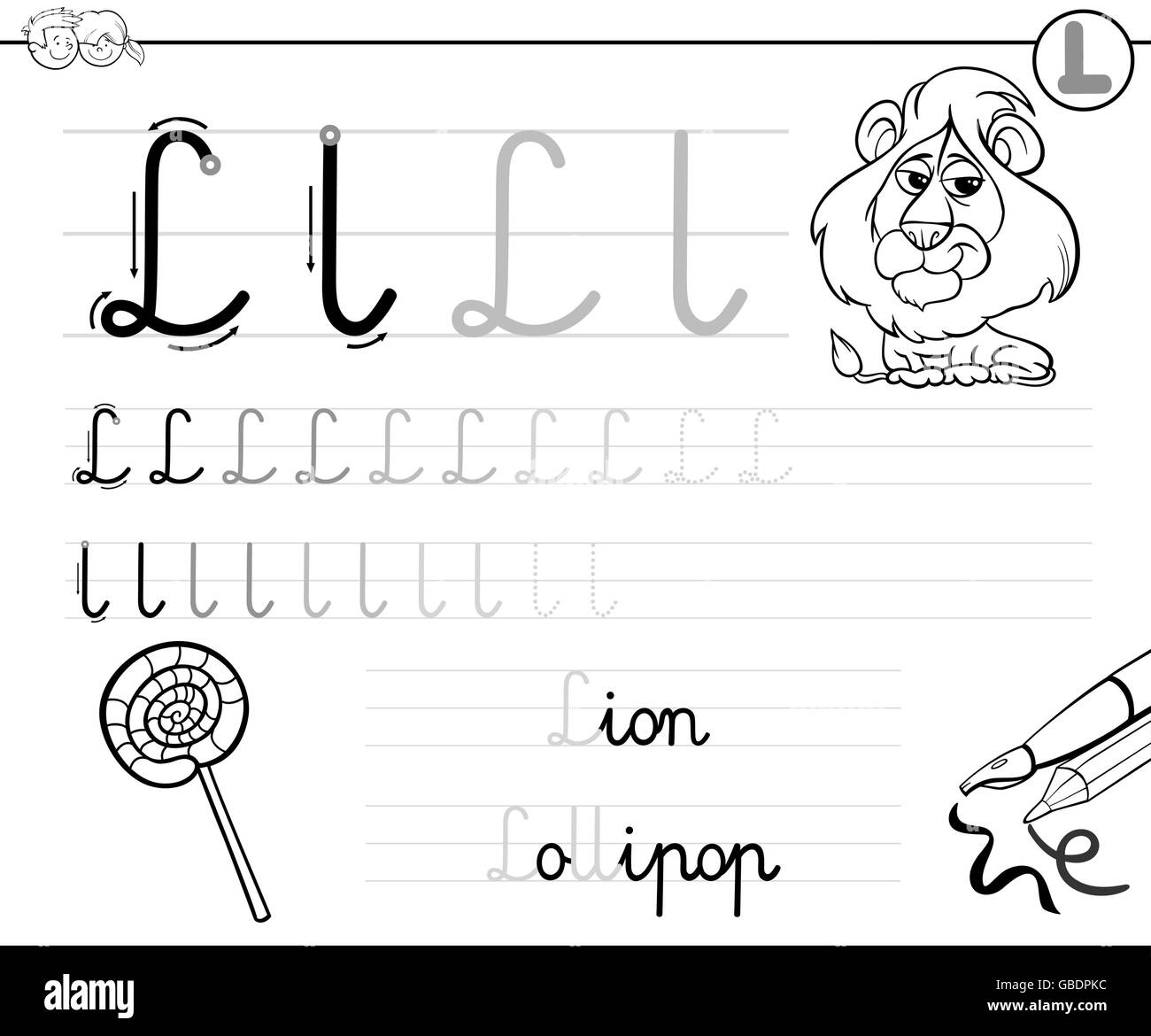Black and White Cartoon Illustration of Writing Skills Practice with ...