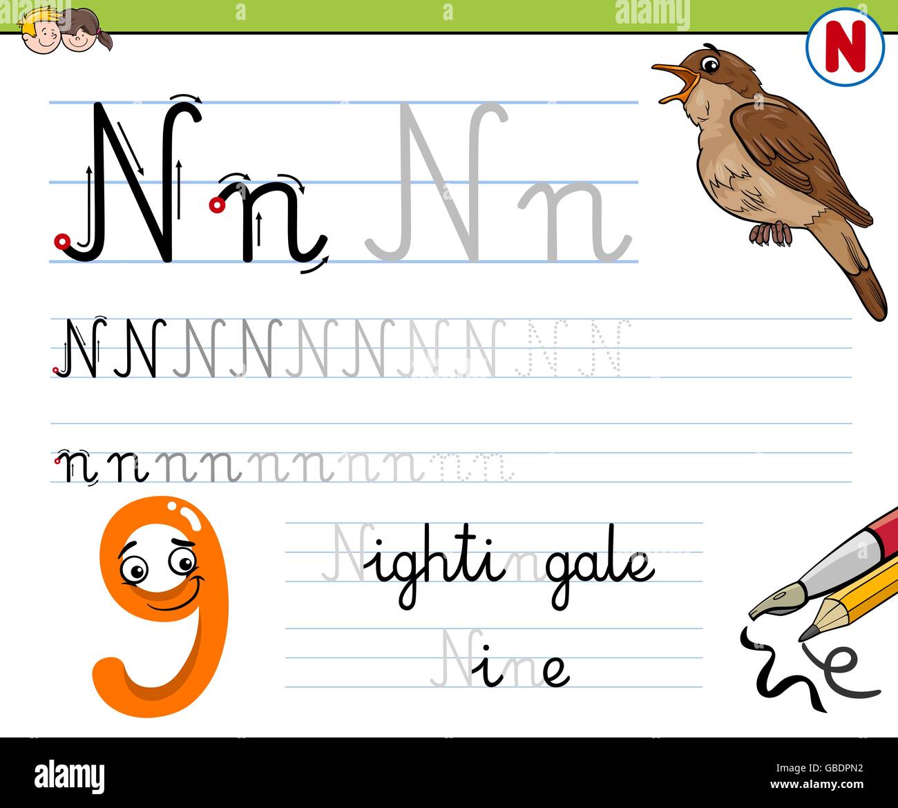 Cartoon Illustration of Writing Skills Practice with Letter N Worksheet ...