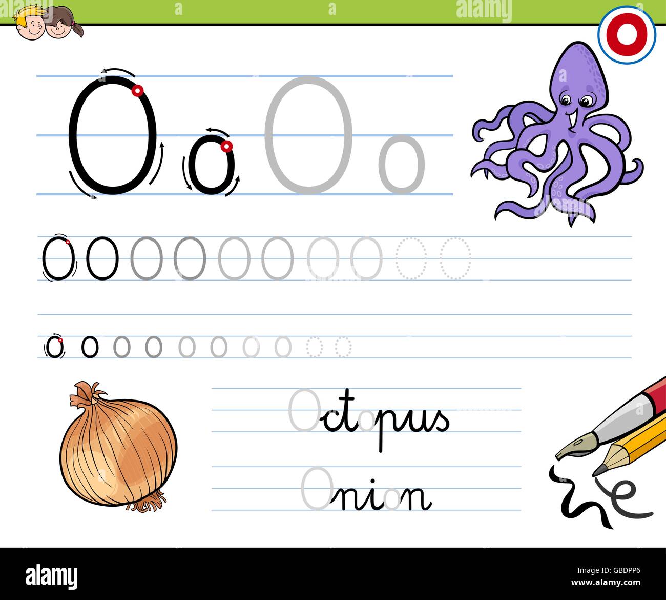 Cartoon Illustration of Writing Skills Practice with Letter O Worksheet ...