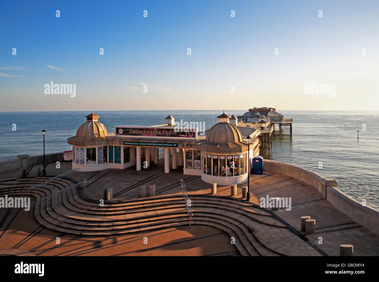 A view of the Pier reaching out to sea from the cliff top at Cromer ...