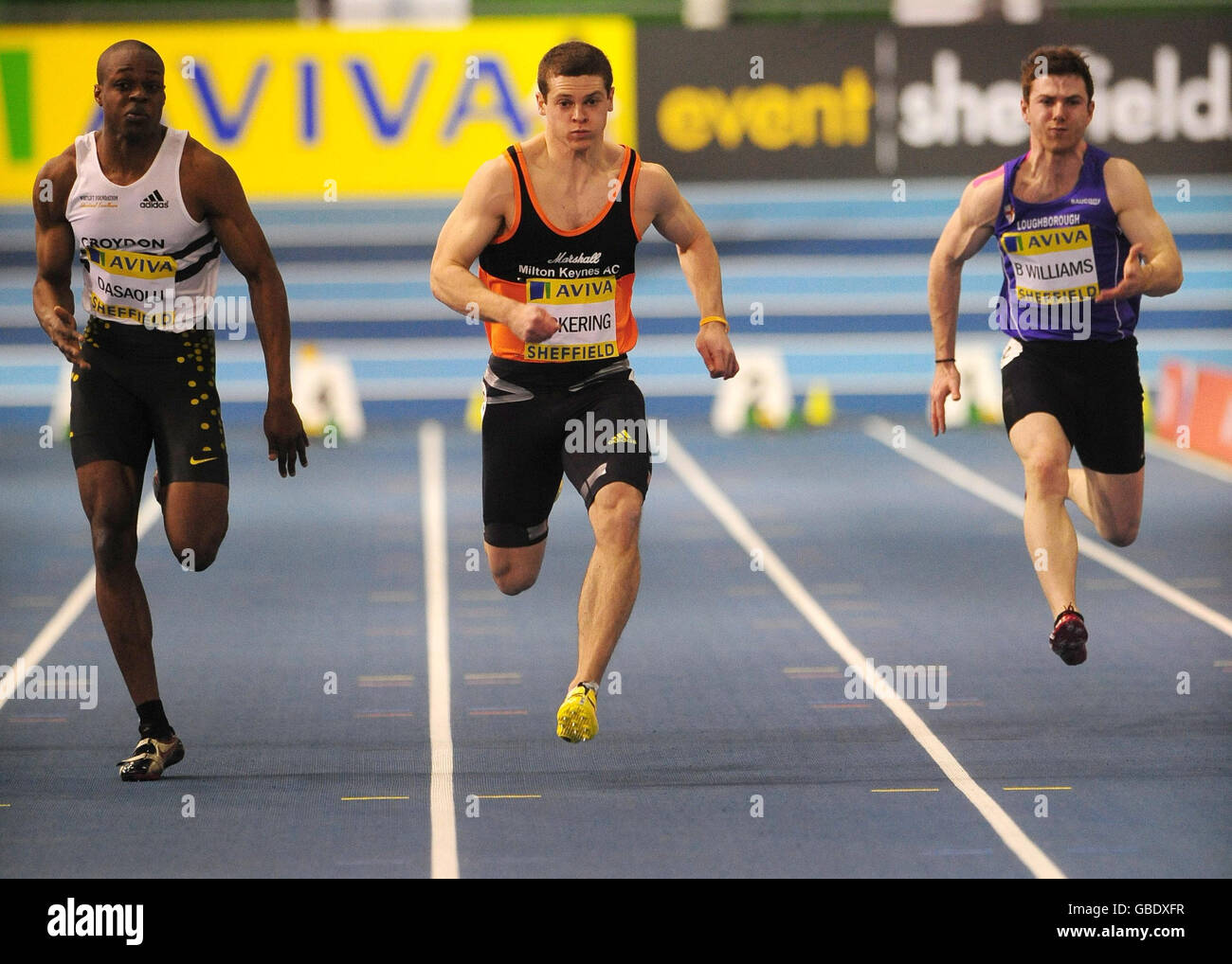 Craig Pickering (centre) in action in the Mens 60m heats during Aviva ...