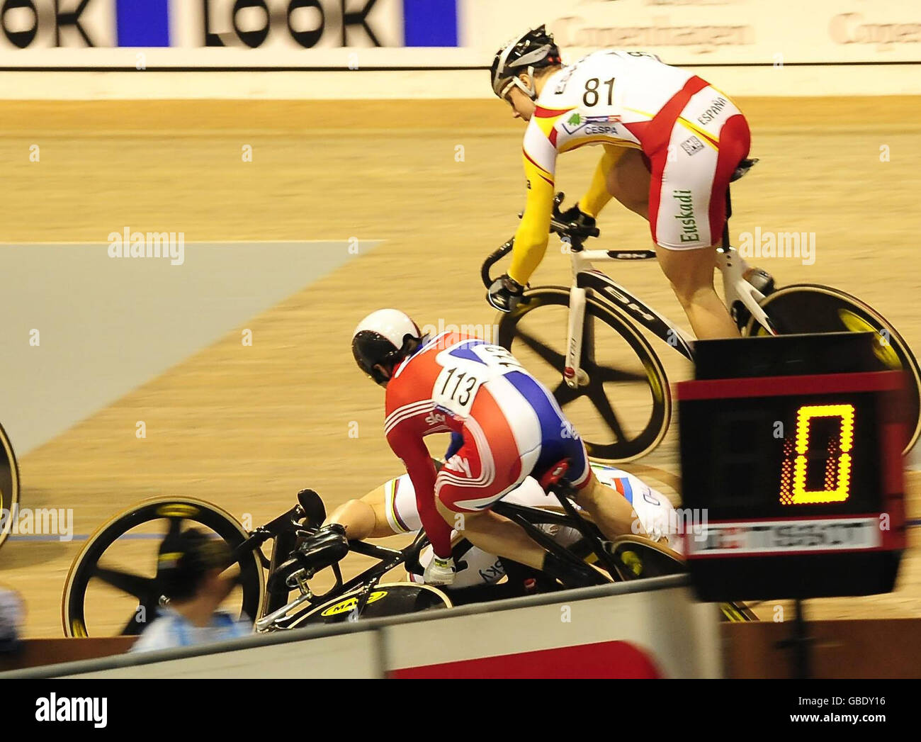 Sir Chris Hoy crashes and his hit by team mate Ross Edgar in the Mens ...
