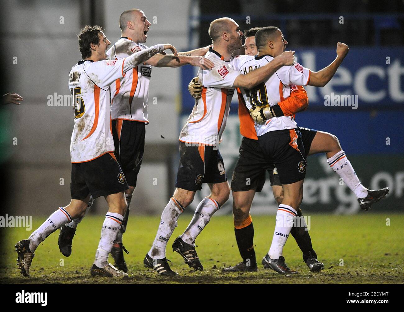 Luton Town goalkeeper Lewis Price (2nd right) celebrates with his team ...