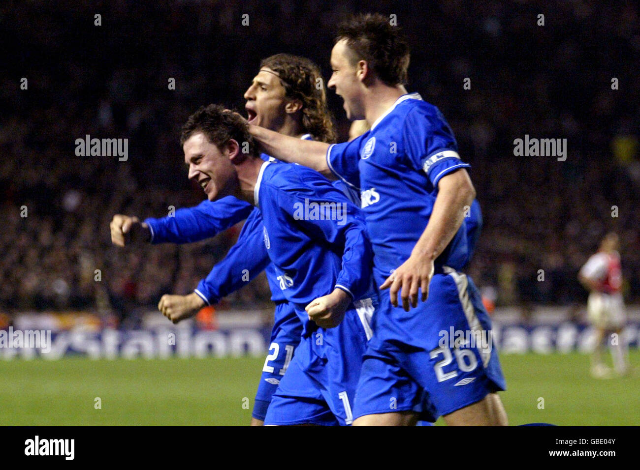 Chelsea's match winner Wayne Bridge celebrates at the final whistle ...