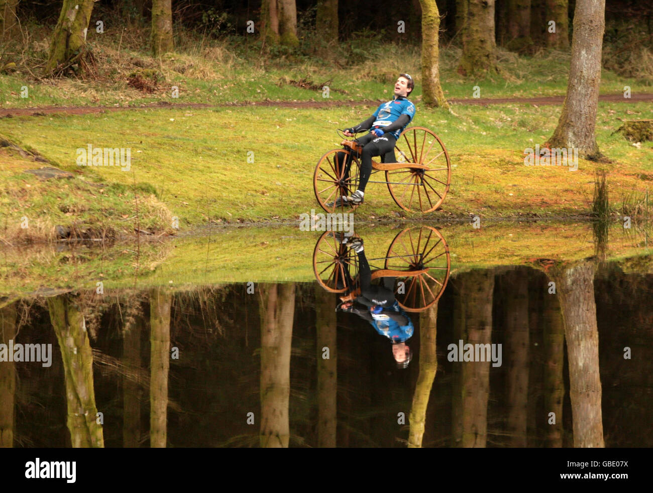 World record cyclist Mark Beaumont sits on a replica of an iron-wheeled ...