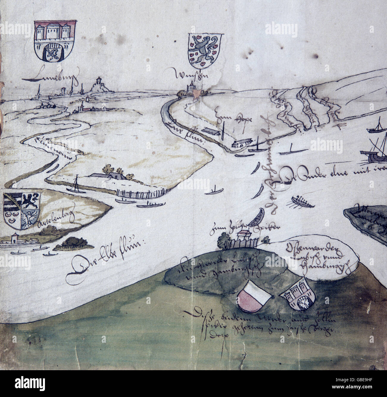 cartography, maps, map of the Elbe river, circa 1555, Additional-Rights ...